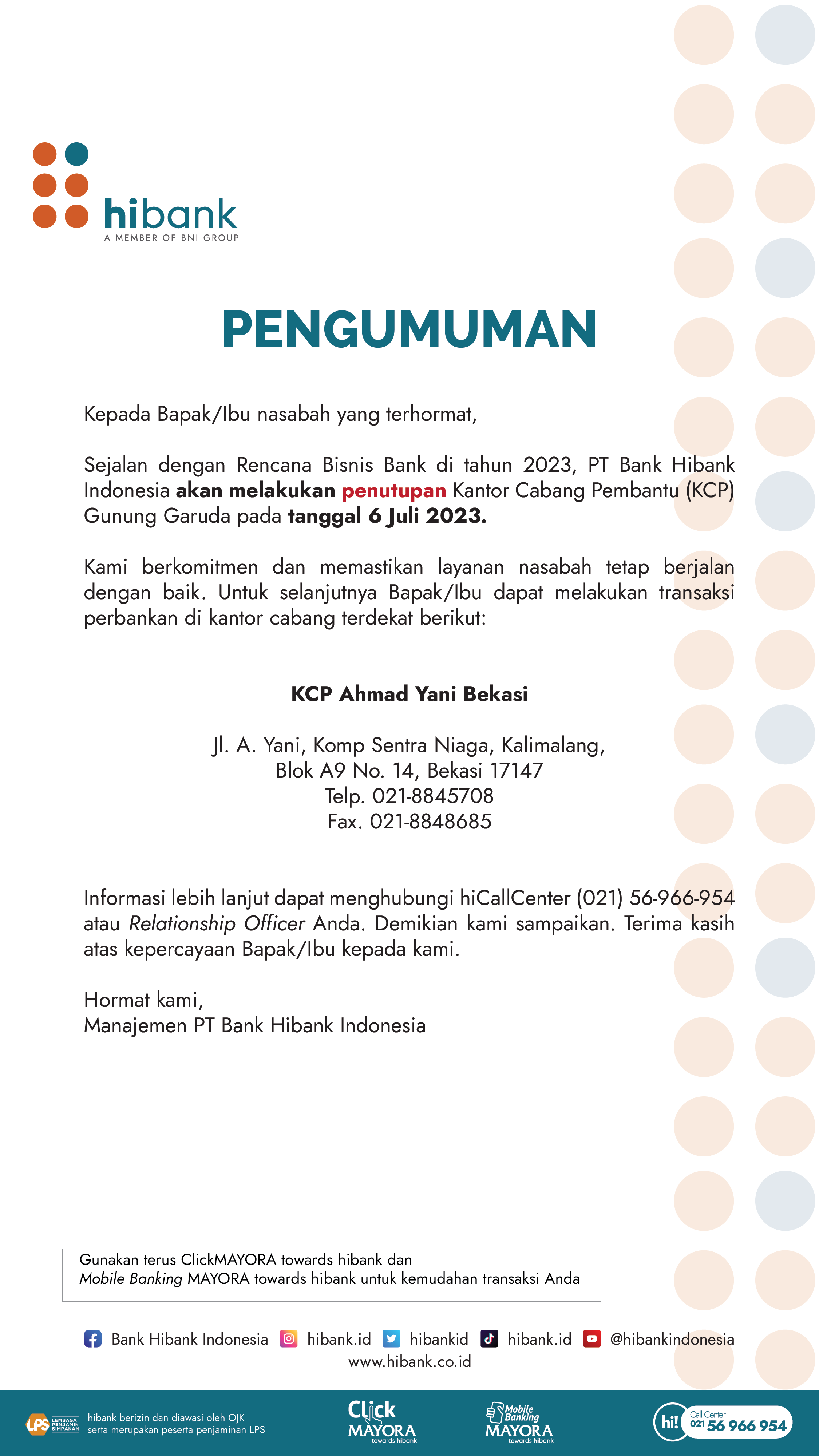 hibank | Pengumuman Rencana Penutupan Kantor Cabang Pembantu (KCP ...
